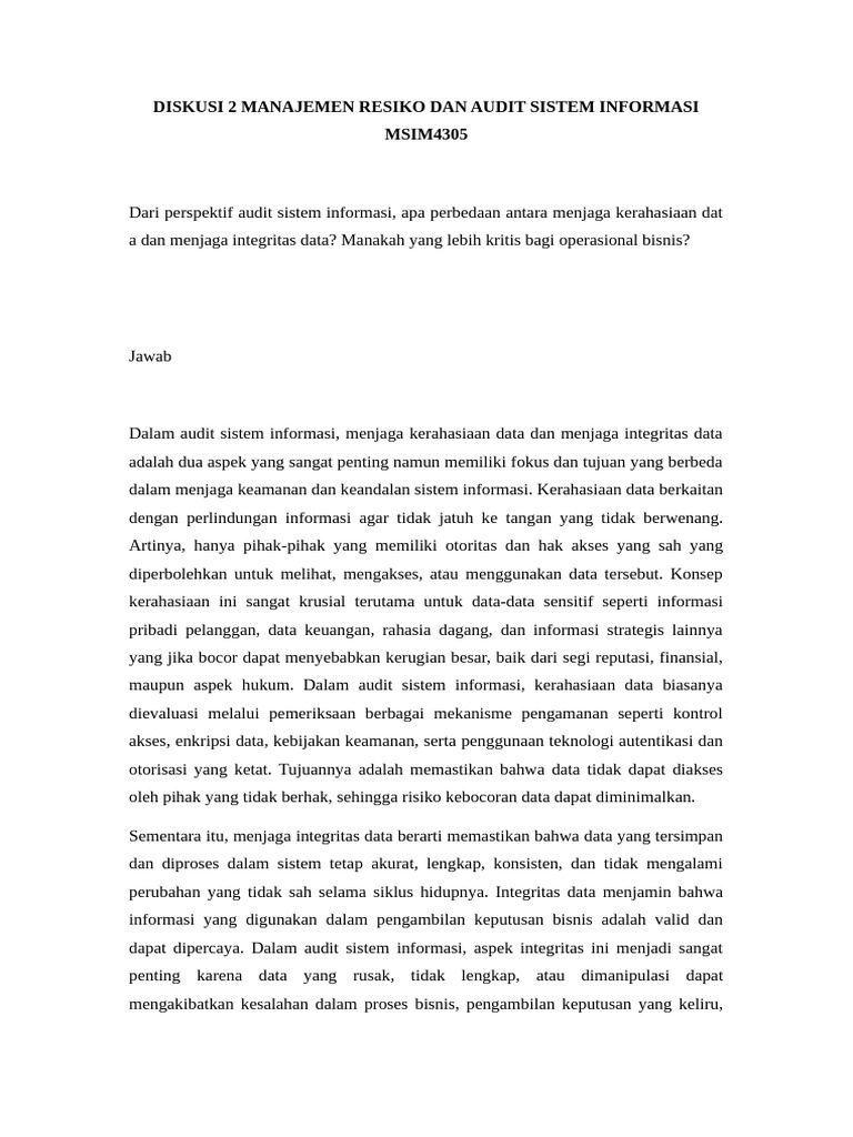 Diskusi 2 Manajemen Resiko Dan Audit Sistem Informasi Msim4305 | PDF