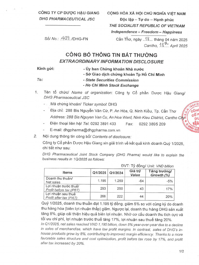 DHG-CBTT-giai-trinh-KQKD-Q1.2025 | PDF