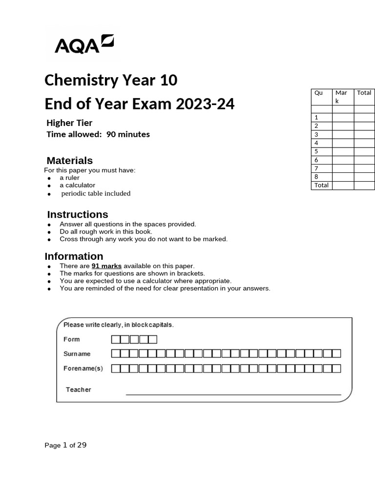 Chemistry Year 10 EOY 2023-24 | PDF | Intermolecular Force | Chemical ...