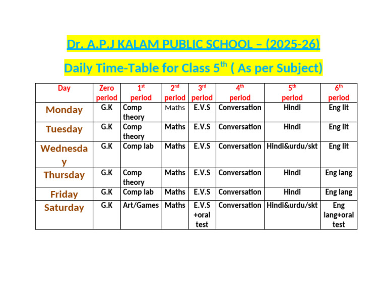 class 5th time-table | PDF