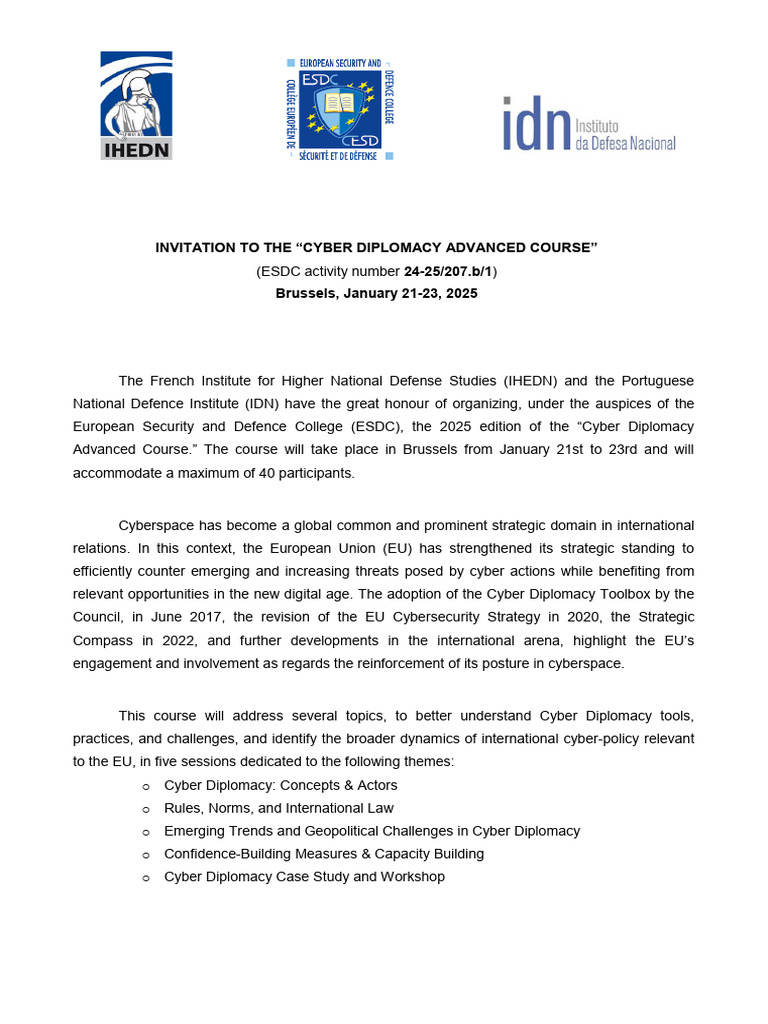 INVITATION 2025 ESDC Cyber Diplomacy Advanced | PDF | National Security ...