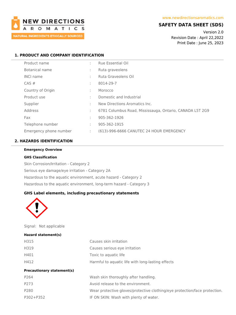 SDS_RueEssentialOil | PDF | Personal Protective Equipment | Water