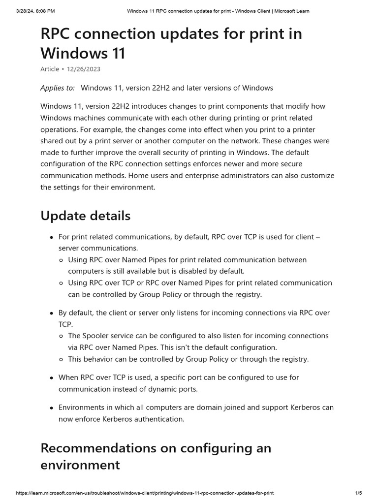 Windows 11 RPC Connection Updates for Print - Windows Client ...