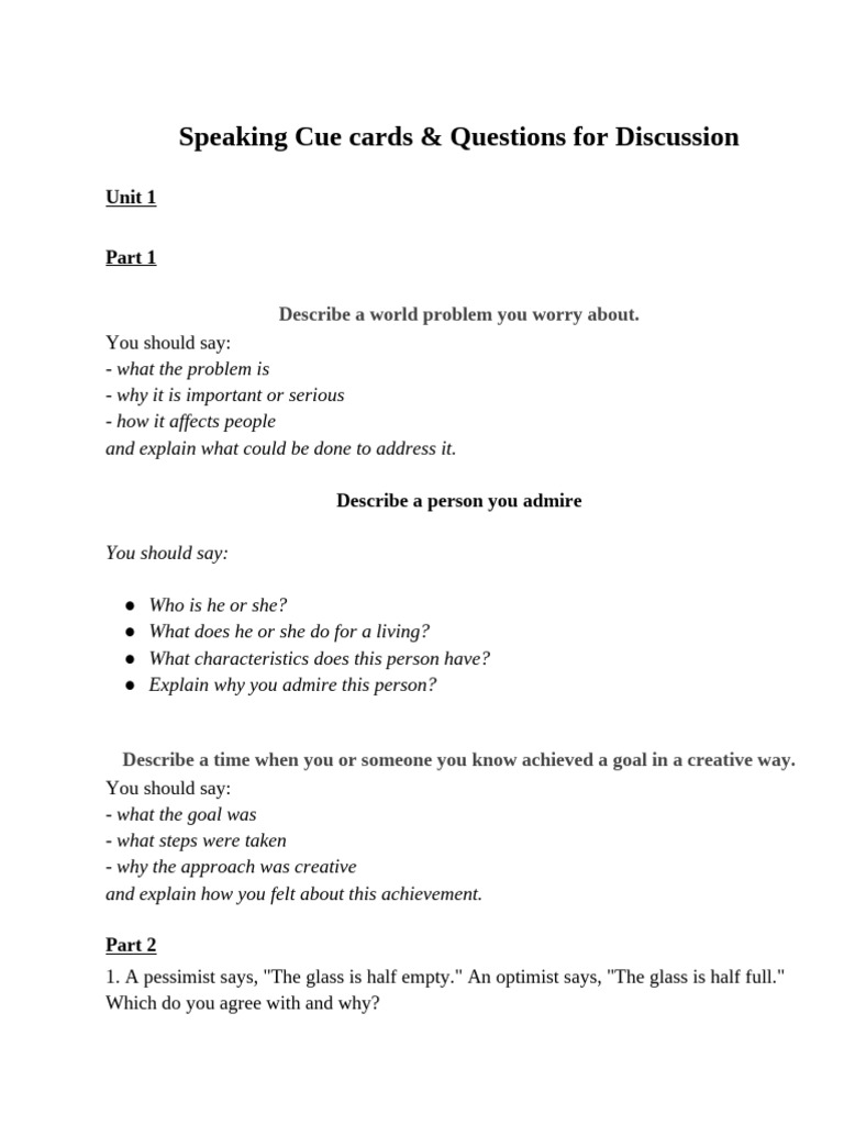 ENT403 Speaking Cue Cards & Questions For Discussion | PDF ...