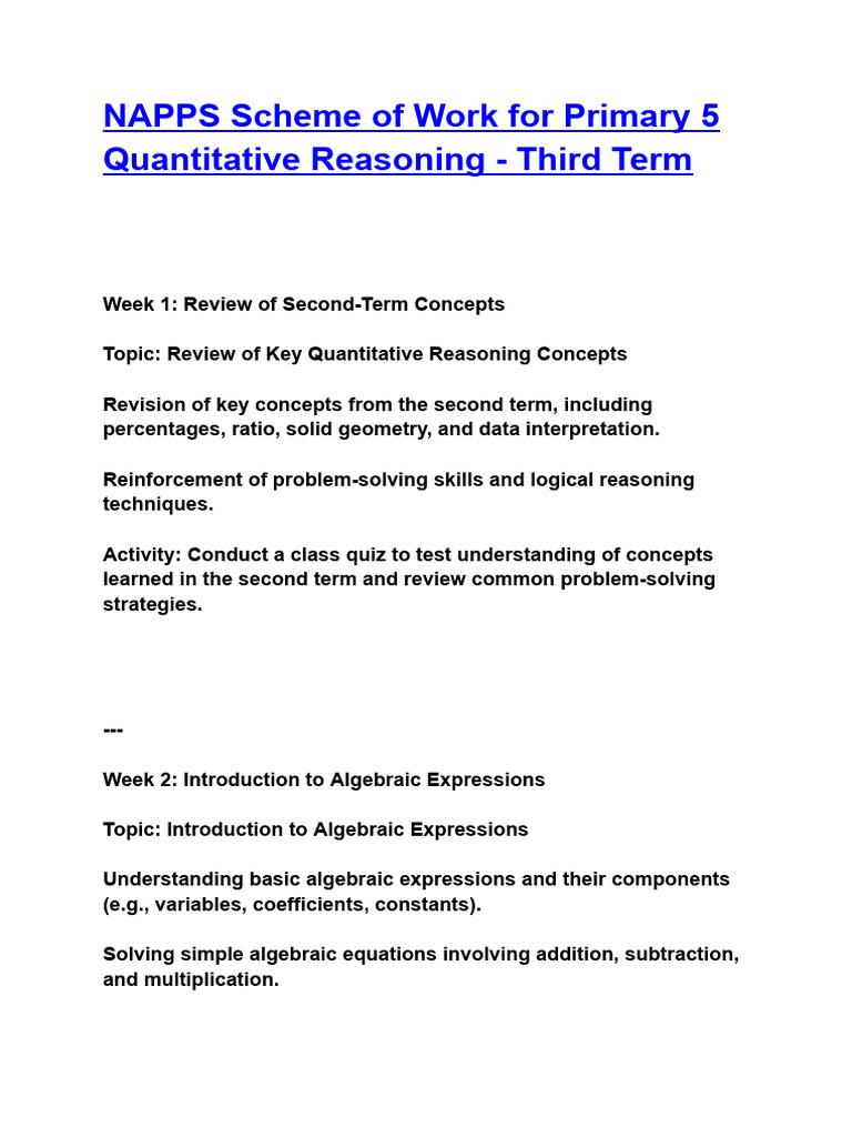 Primary 5 Quantitative Reasoning Plan | PDF | Algebra | Geometry