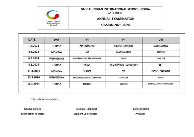 Final Exam Datesheet 6-8 | PDF