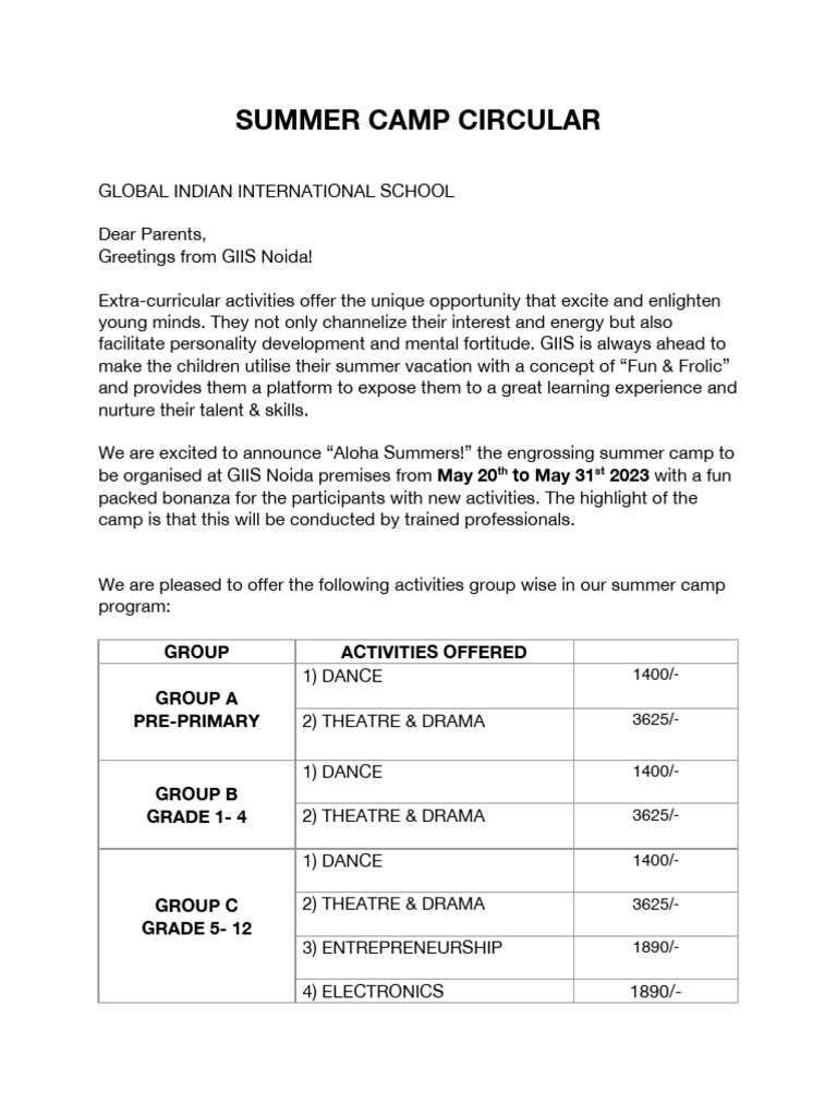 Summer Camp Circular | PDF | Human Development | Behavioural Sciences