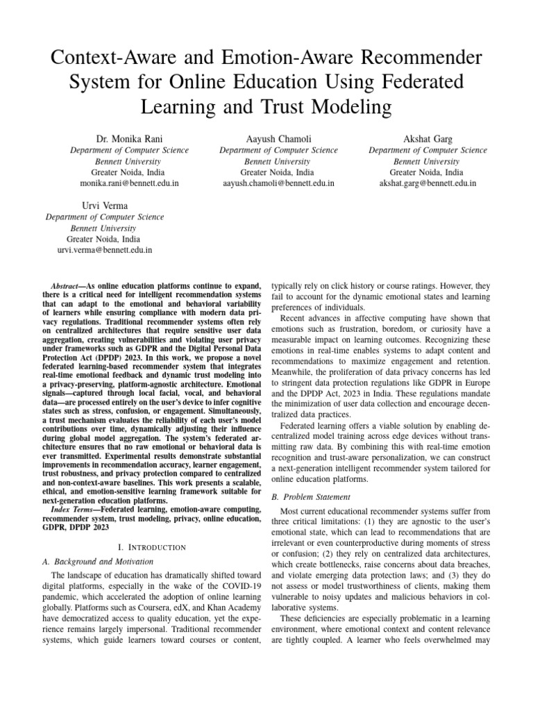 Context-Aware and Emotion-Aware Recommender System for Online Education Using Federated Learning ...