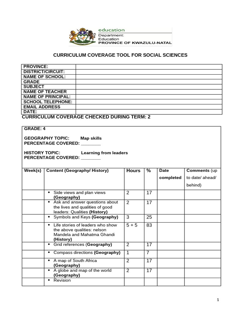 Curriculum Coverage Tool Grade 4 Term 2 | PDF | Geography | Curriculum