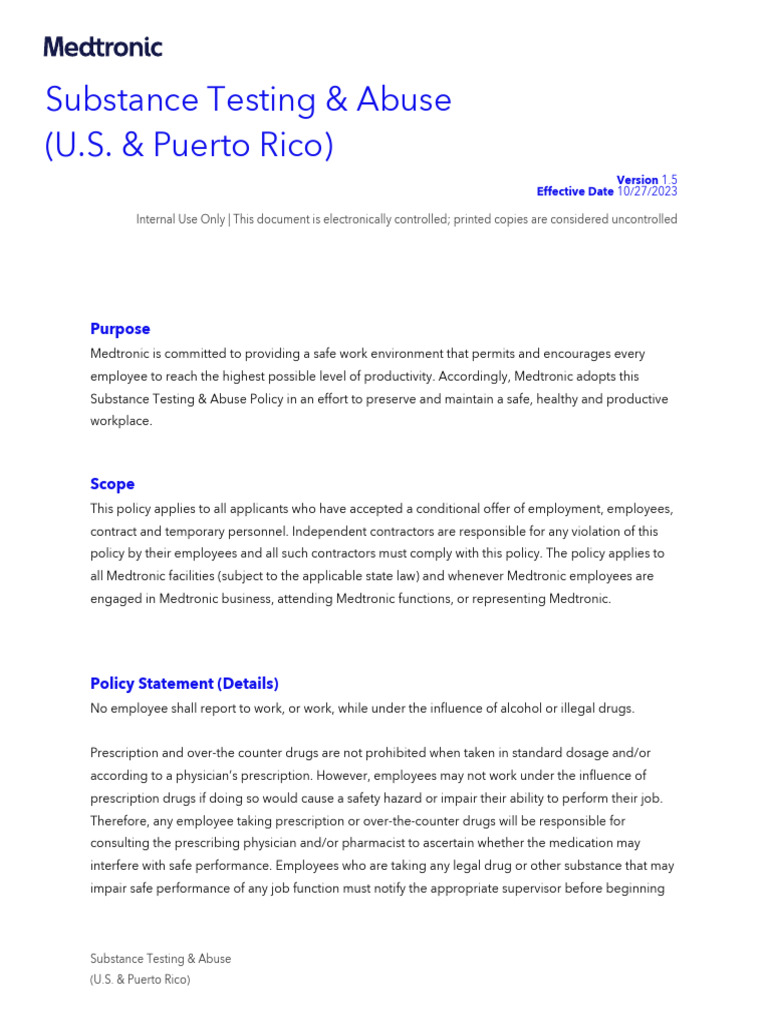 Medtronic Substance Testing Policy | PDF | Substance Abuse | Reasonable ...
