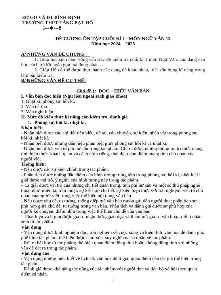 ĐỀ CƯƠNG CK1 -12-2024-2025 | PDF