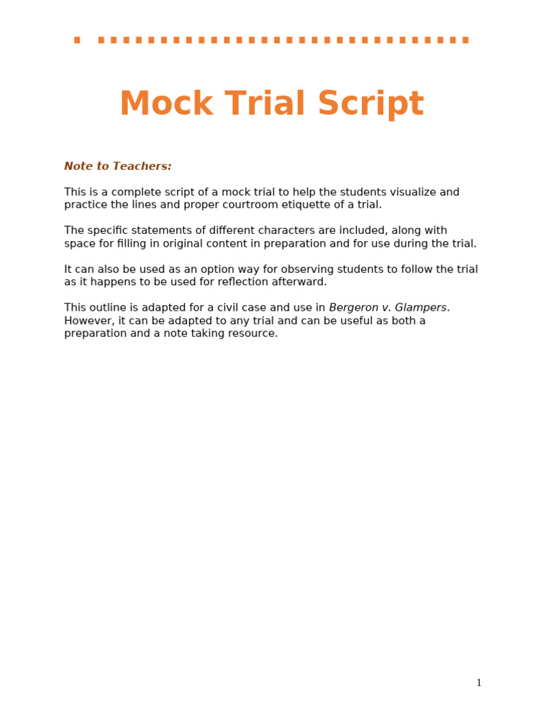 Mock Trial Script for Civil Case | PDF | Witness | Courtroom
