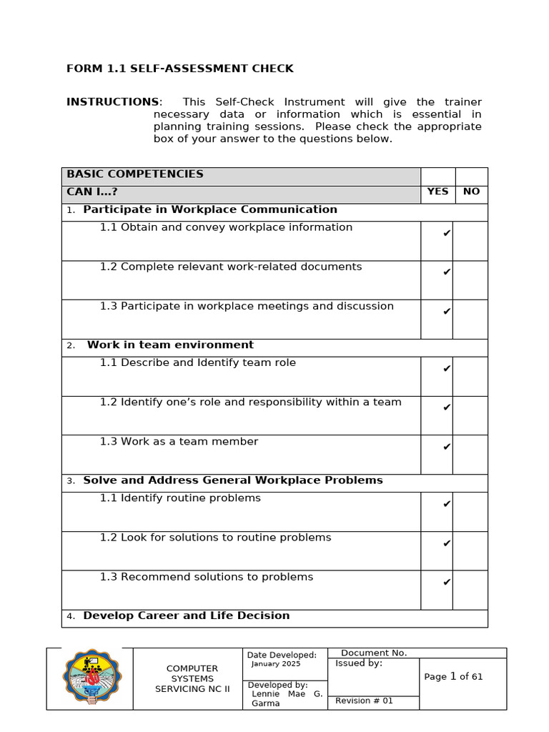 Form 1.1 Self-Assessment Check | PDF | Electronics | Information