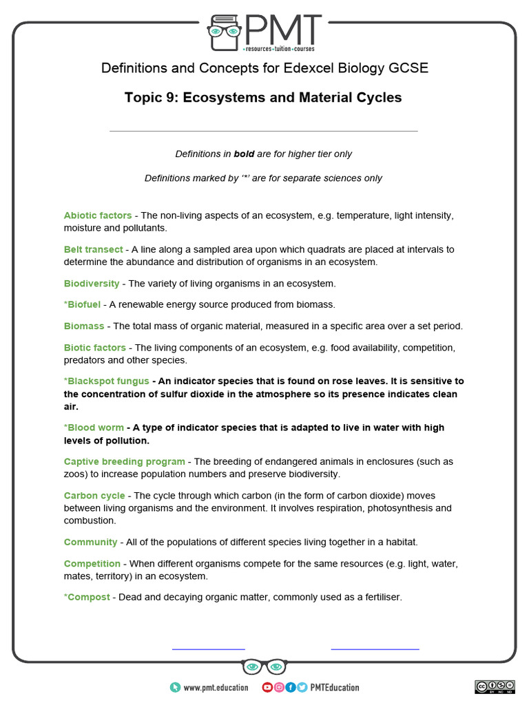Definitions - Topic 9 Ecosystems and Material Cycles - Edexcel Biology ...
