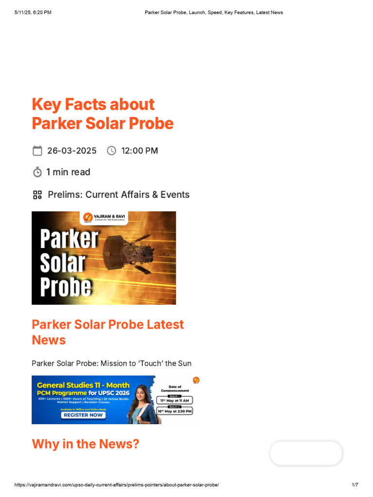 Parker Solar Probe, Launch, Speed, Key Features, Latest News | PDF ...