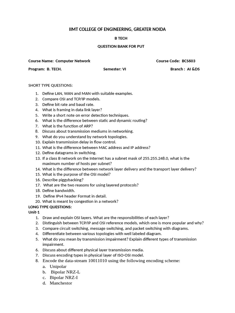 Question Bank For Put | PDF | Computer Network | Osi Model