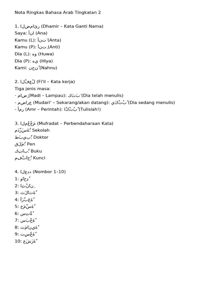 Nota Ringkas Bahasa Arab Tingkatan 2 | PDF