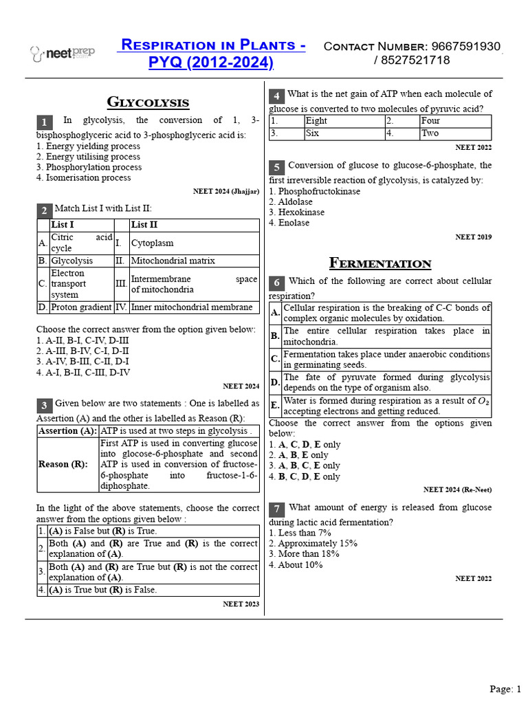 Respiration in Plants - PYQ (2012-2024) | PDF | Cellular Respiration | Electron Transport Chain