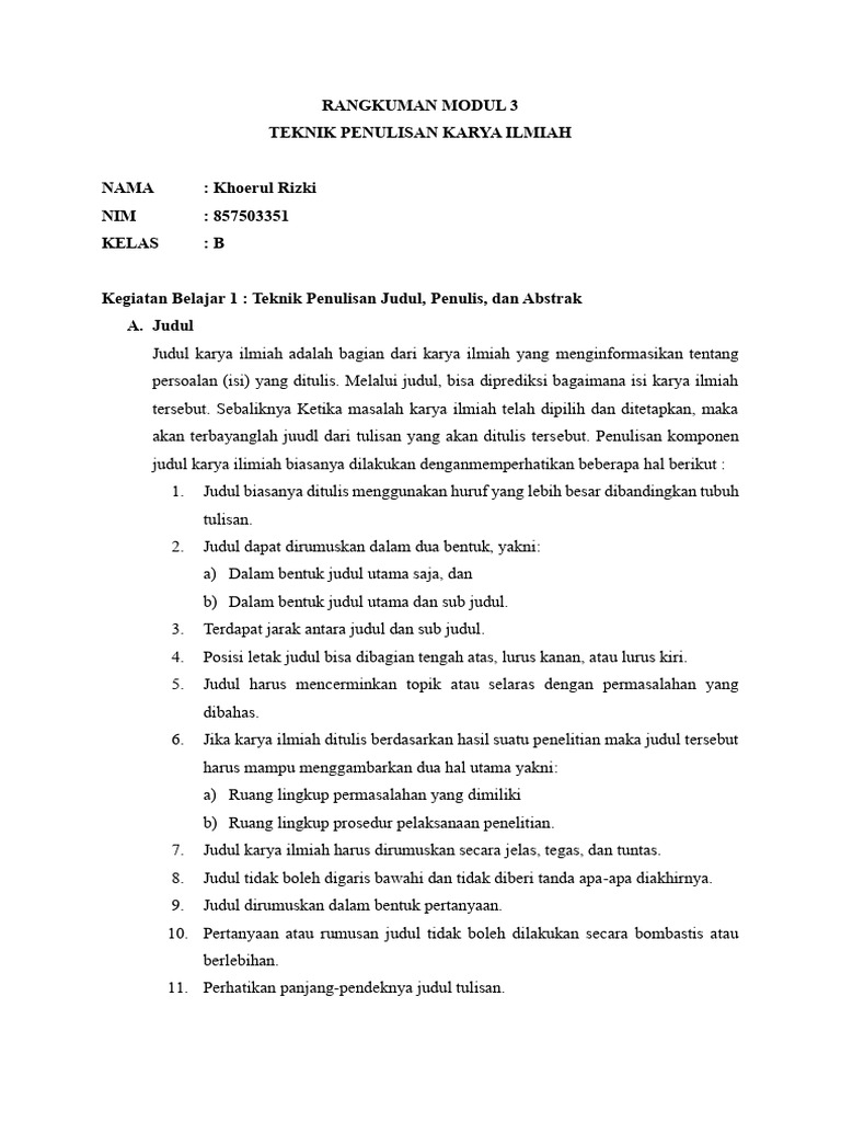 Rangkuman Modul 3 - Teknik Penulisan Karya Ilmiah | PDF