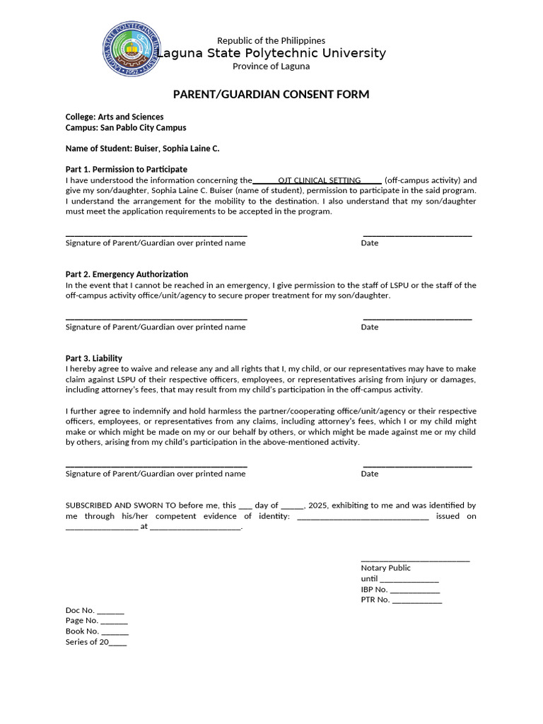 Parent Consent Waiver Edited 2025 | PDF | Business Law | Consent