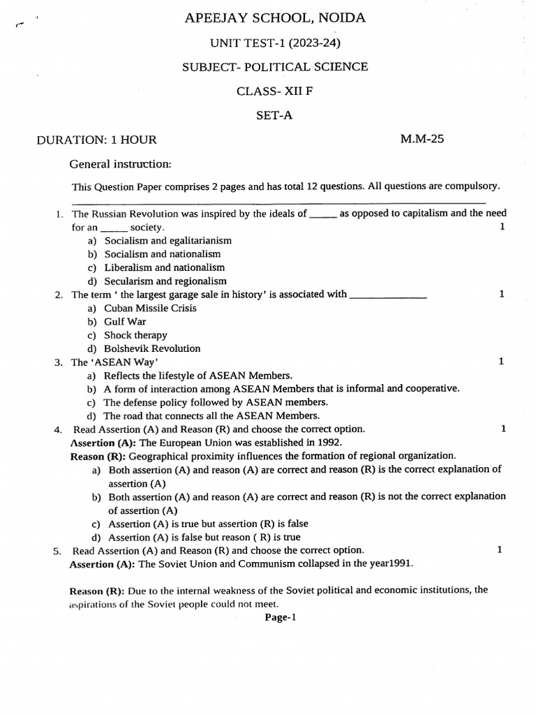 Xii, Ut-1 2023-2024 Political Science Set - A | PDF
