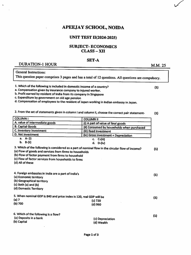 Class 12, Ut 2, Set A, Economics | PDF