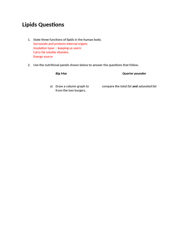 Lipids Worksheet SOLUTIONS | PDF | Fat | Saturated Fat