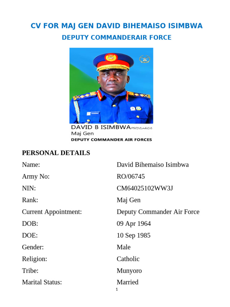 CV For Maj Gen David Biheimaiso Isimbwa Dcaf Air Force | PDF