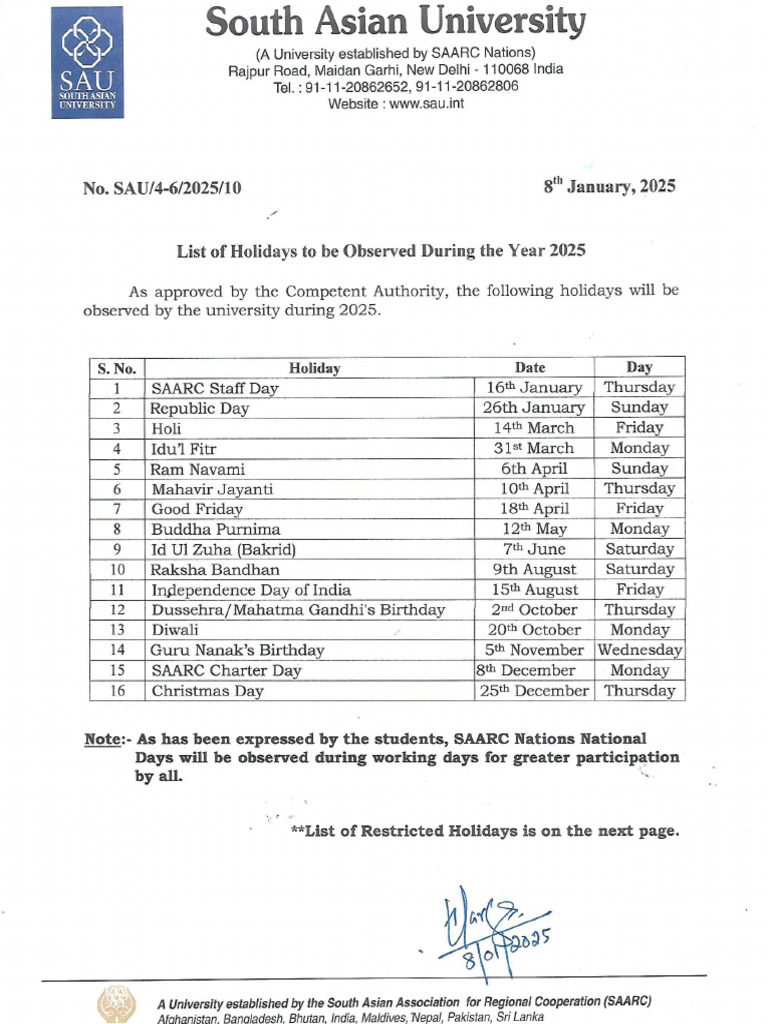 List of Holidays 2025 | PDF
