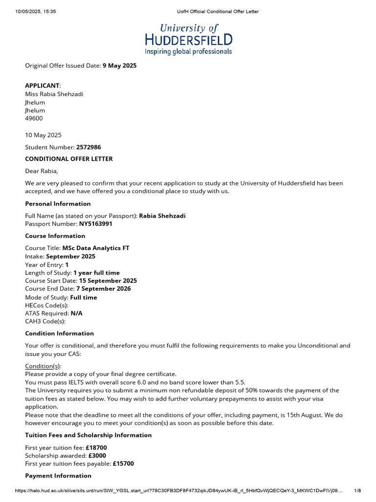 UofH Official Conditional Offer Letter | PDF | Travel Visa | Payments