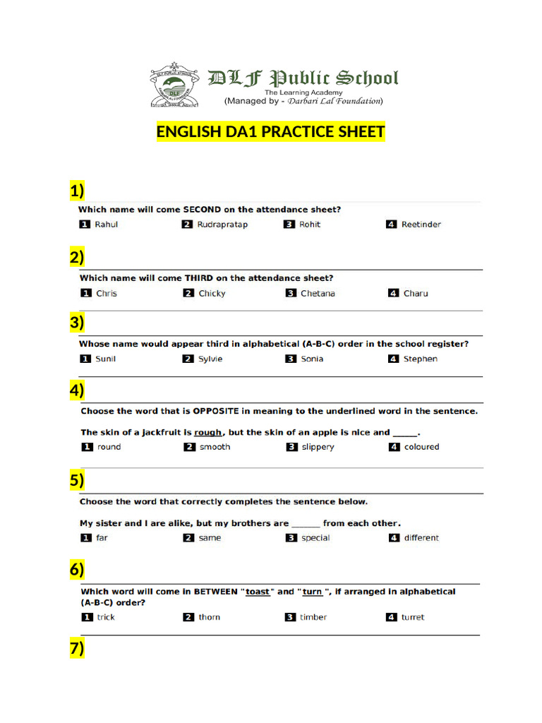 DA1 English Practice Sheet 01 SSC 4625 | PDF