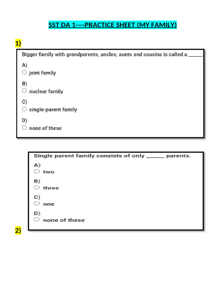 Da 1 SST Practice Sheet My Family | PDF