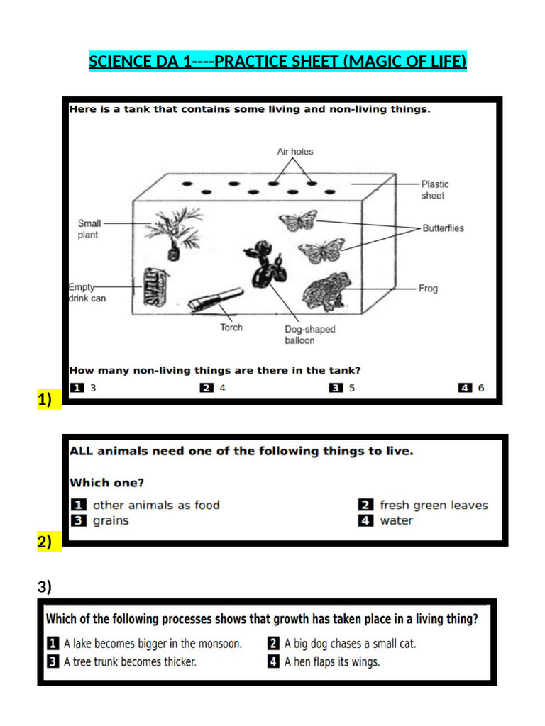 Da 1 Science Practice Sheet Magic of Life | PDF