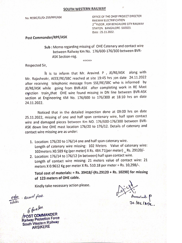 Memo To RPF For OHE Missing Between W BVR-ASK | PDF