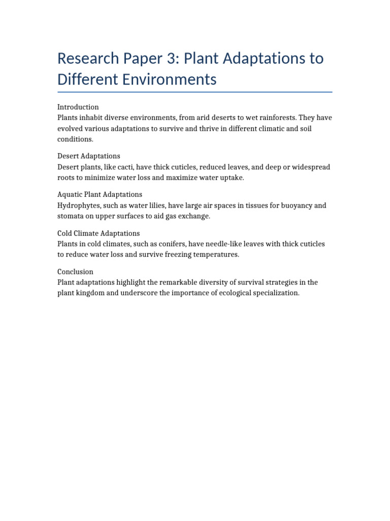 Research Paper 3 Plant Adaptations To Different Environments | PDF
