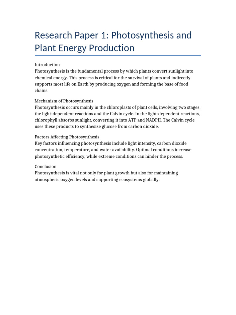 Research Paper 1 Photosynthesis and Plant Energy Production | PDF