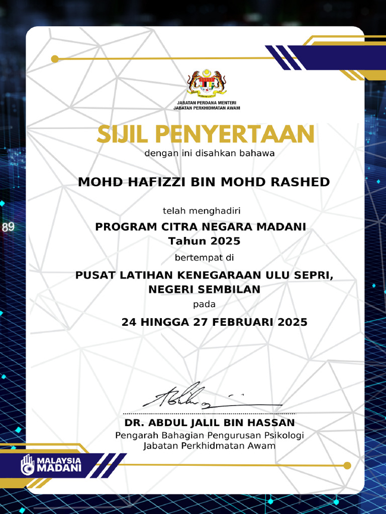 Sijil Kehadiran Mohd Hafizzi Bin Mohd Rashed - Program Citra Negara MADANI Siri 1 PPsi ...