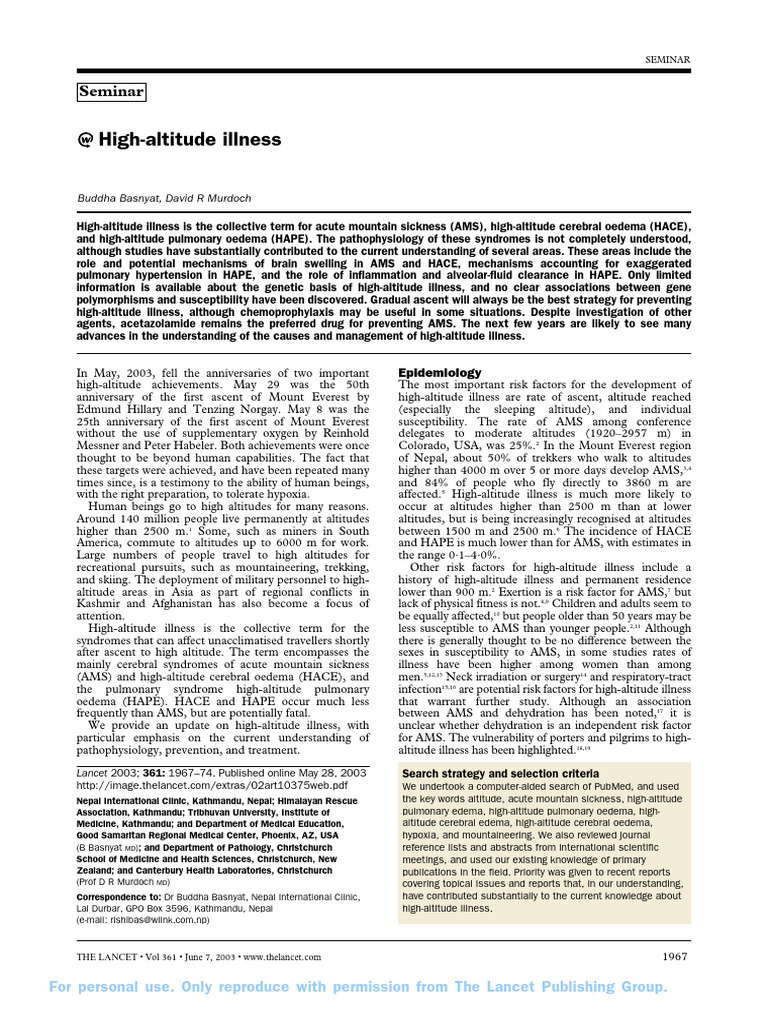 High-Altitude Illness Buddha Basnyat, David R Murdoch | PDF | Blood ...