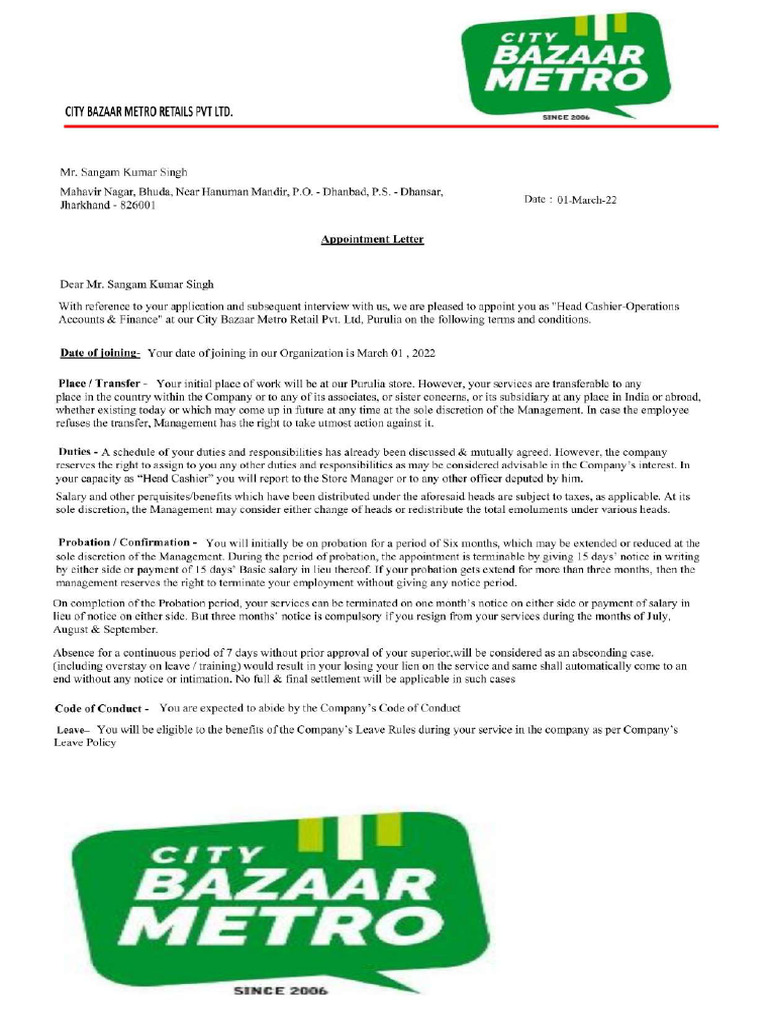Appointment Letter Sangam Kumar Singh | PDF