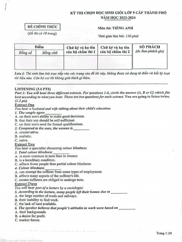 Đè Thi HSG Anh 9 Hà N I 2023-2024 | PDF