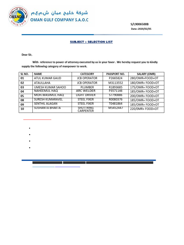 Oman SELECTION LIST | PDF