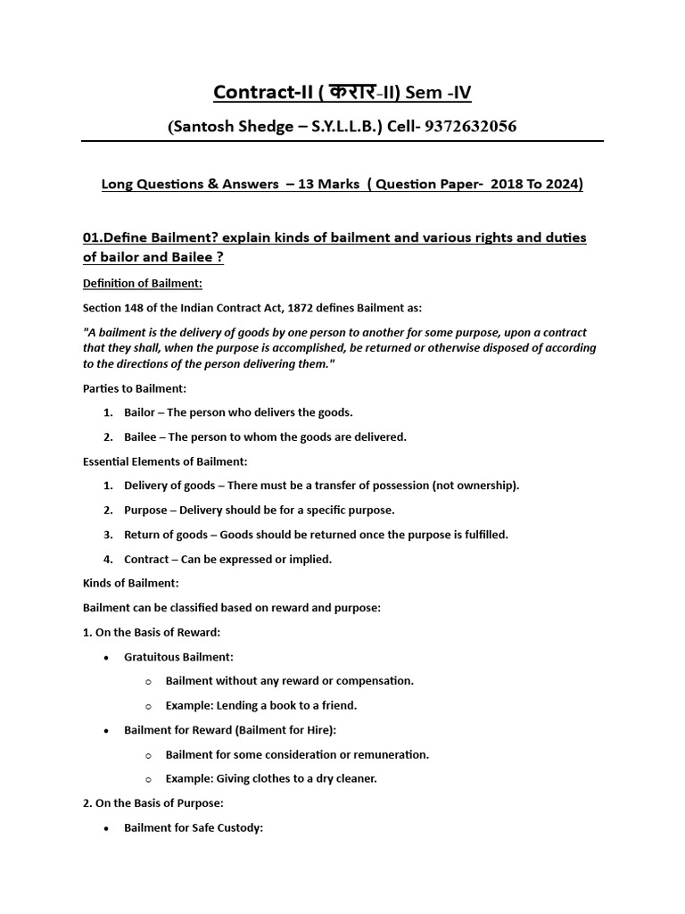 Contract - II - Long Questions - 13marks - English PDF | PDF ...