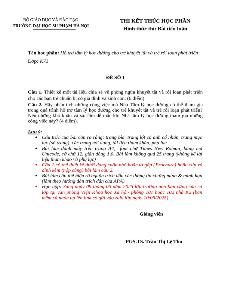 Đề hỗ trợ TL trẻ RLPT & KT. K72 | PDF