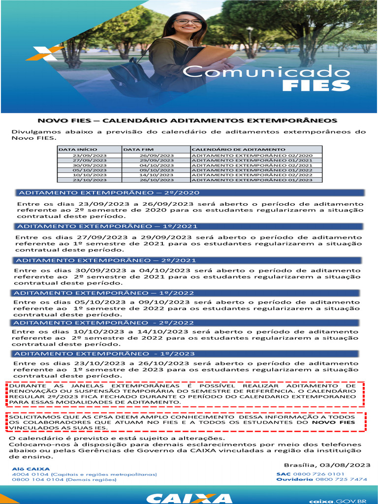 2023 08 03 Comunicado Novo FIES Calendario Aditamentos Extemporaneos | PDF