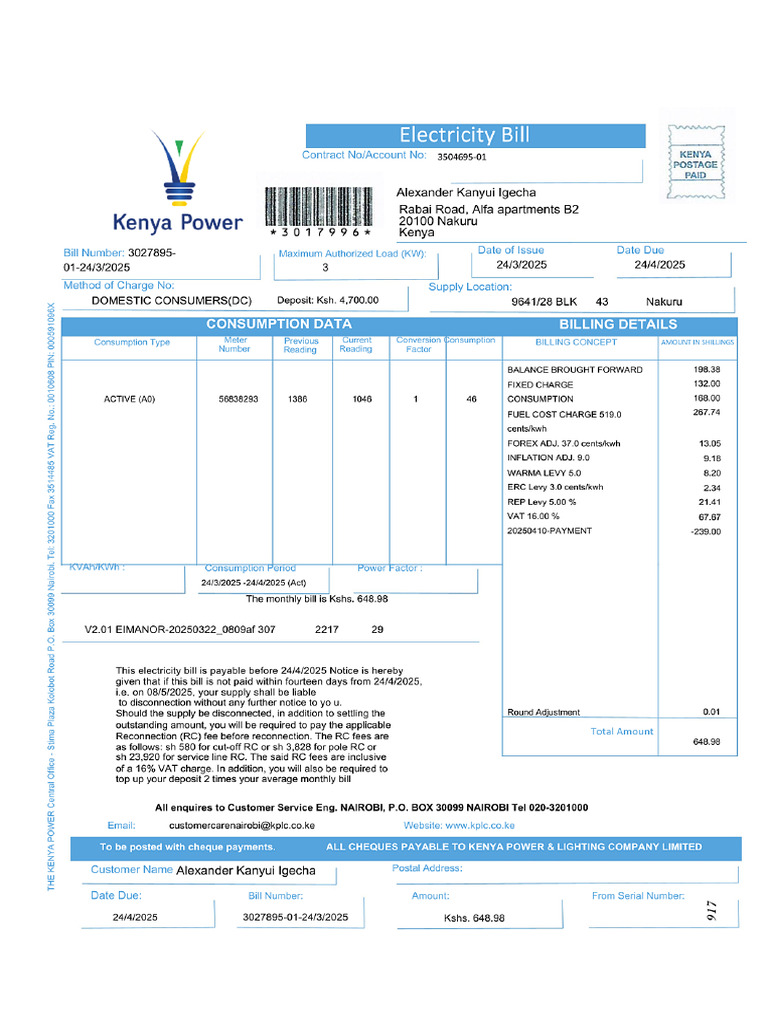 Utility Bills Kenya Kenya Power Electricity Bill - PDF - 20250511 ...