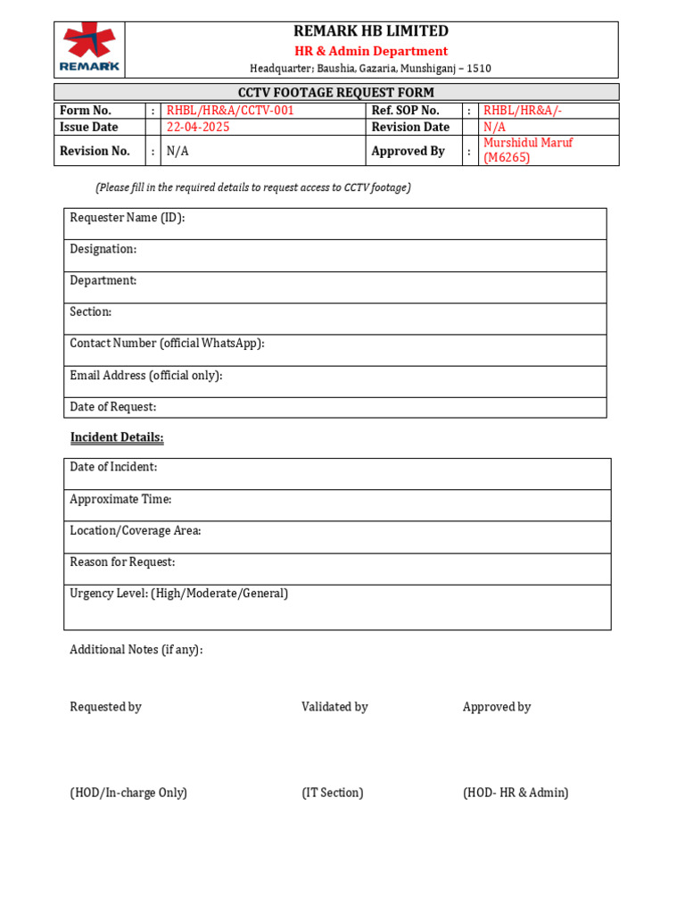 CCTV Footage Request Form RHBL HQ 220425 | PDF