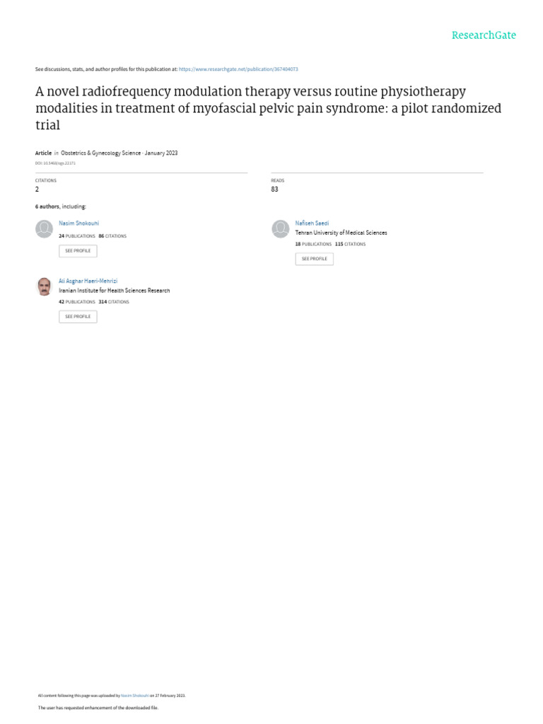 Radiofrequency Modulation - Routine Physiotherapy Modalities - Myofascial Pelvic Pain Syndrome ...