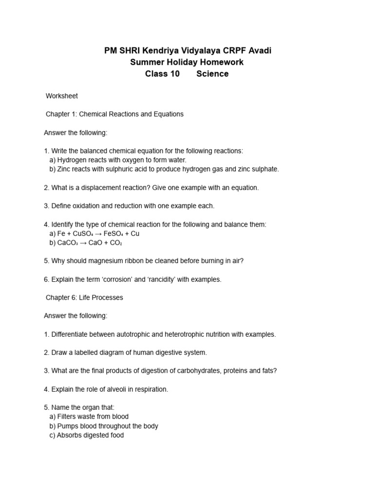 Class 10 Science Holiday Homework | PDF