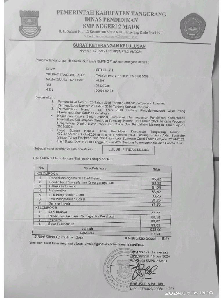 Surat Kelulusan Elyh | PDF
