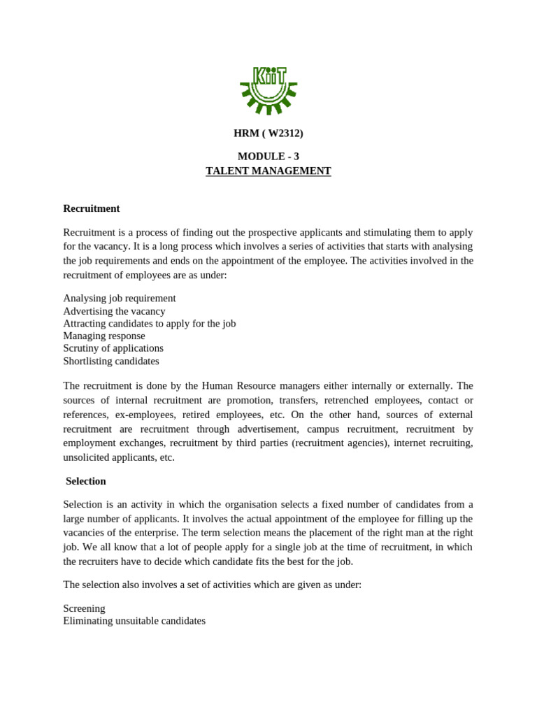HRM-Lesson Plan-Module 3-Talent Management | PDF | Recruitment ...